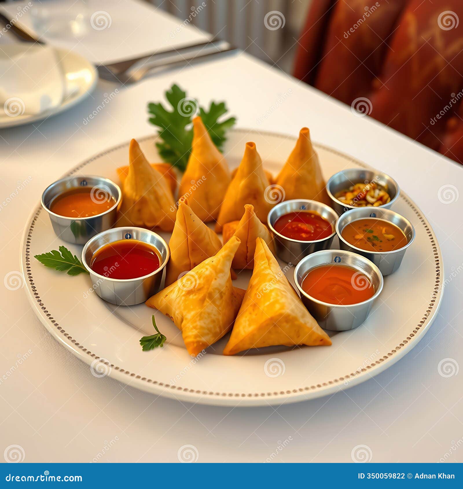 A Platter of Samosas, Pakoras, and Chutneys Set on an Elegant Dining ...