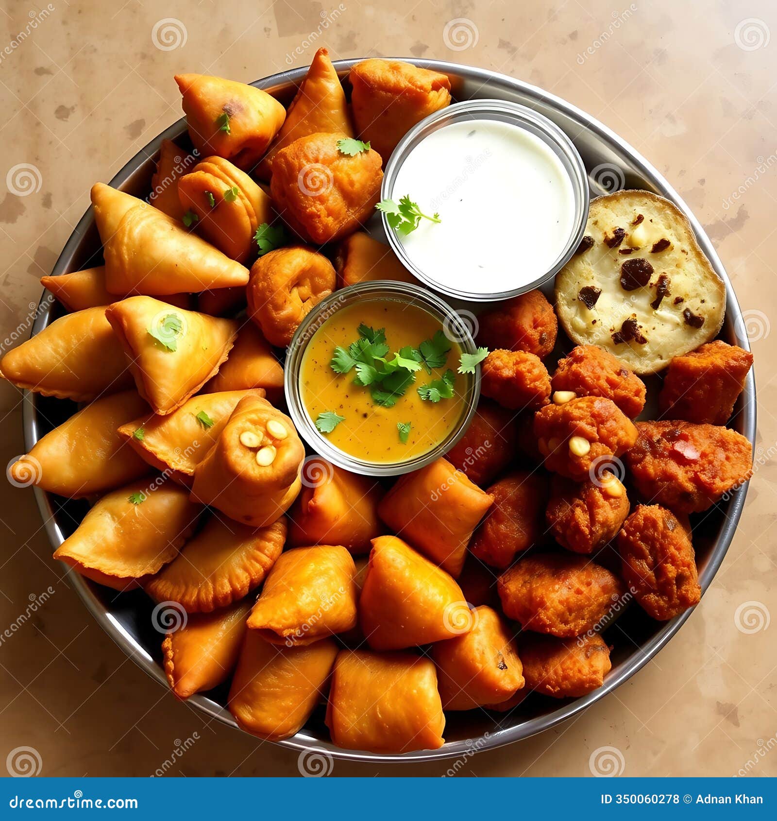 A Platter of Various Indian Appetizers Like Samosas, Pakoras, and Dahi ...