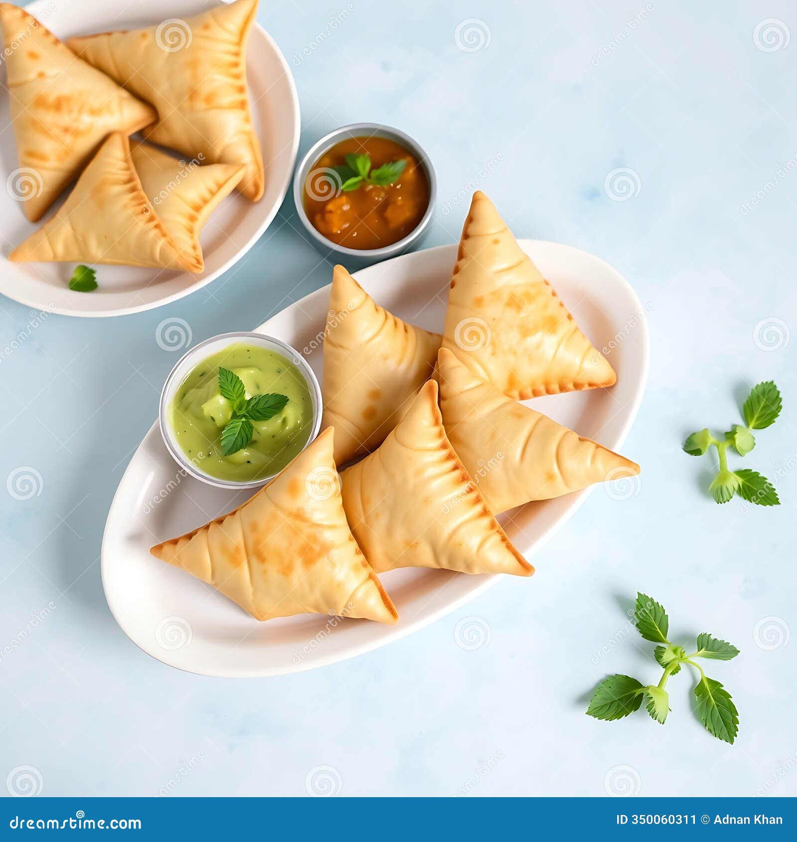 A Platter of Vegetable Samosas with Mint Chutney on a Pastel Blue ...