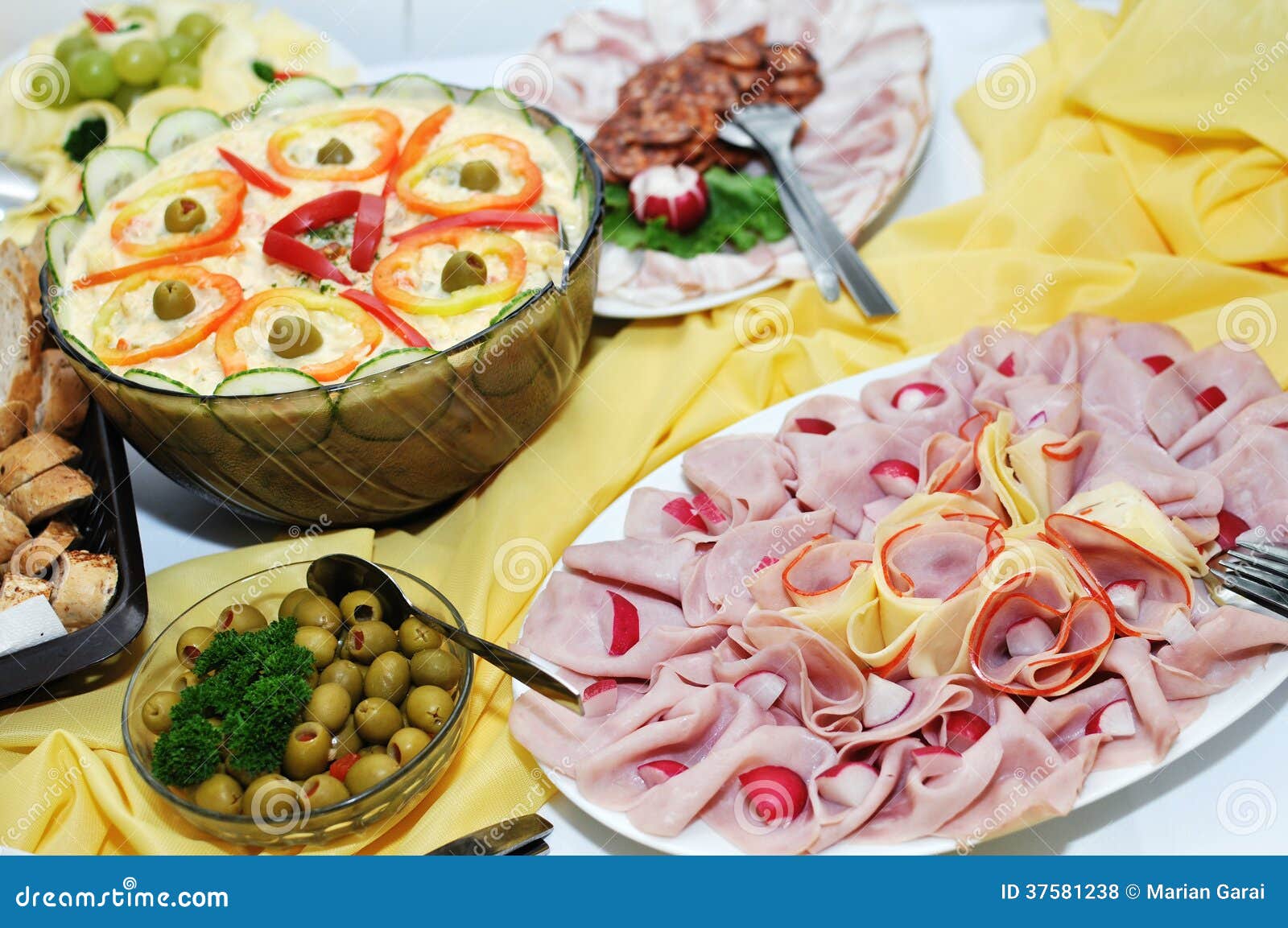 Platters of ham, cheese stock photo. Image of bowl, event - 37581238