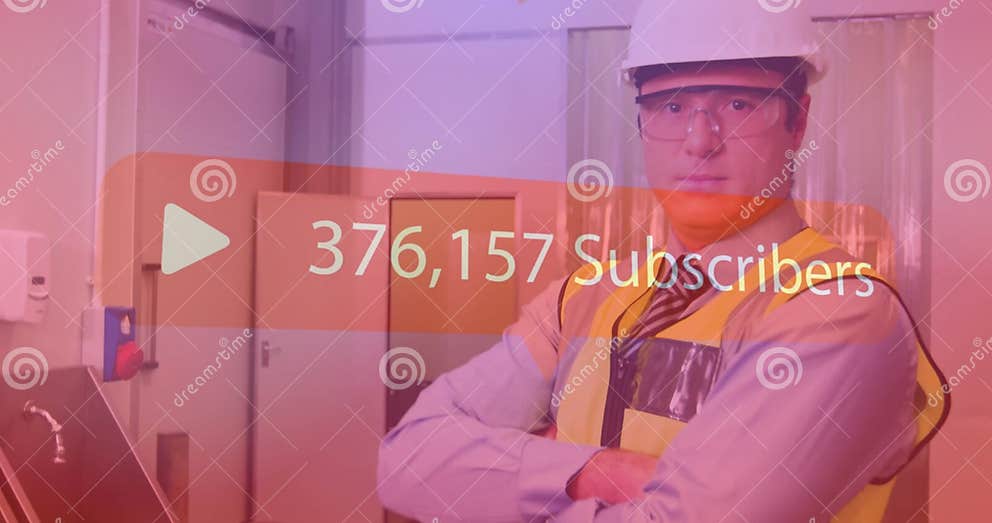 Play Button and Subscriber Count Image Over Construction Worker in ...