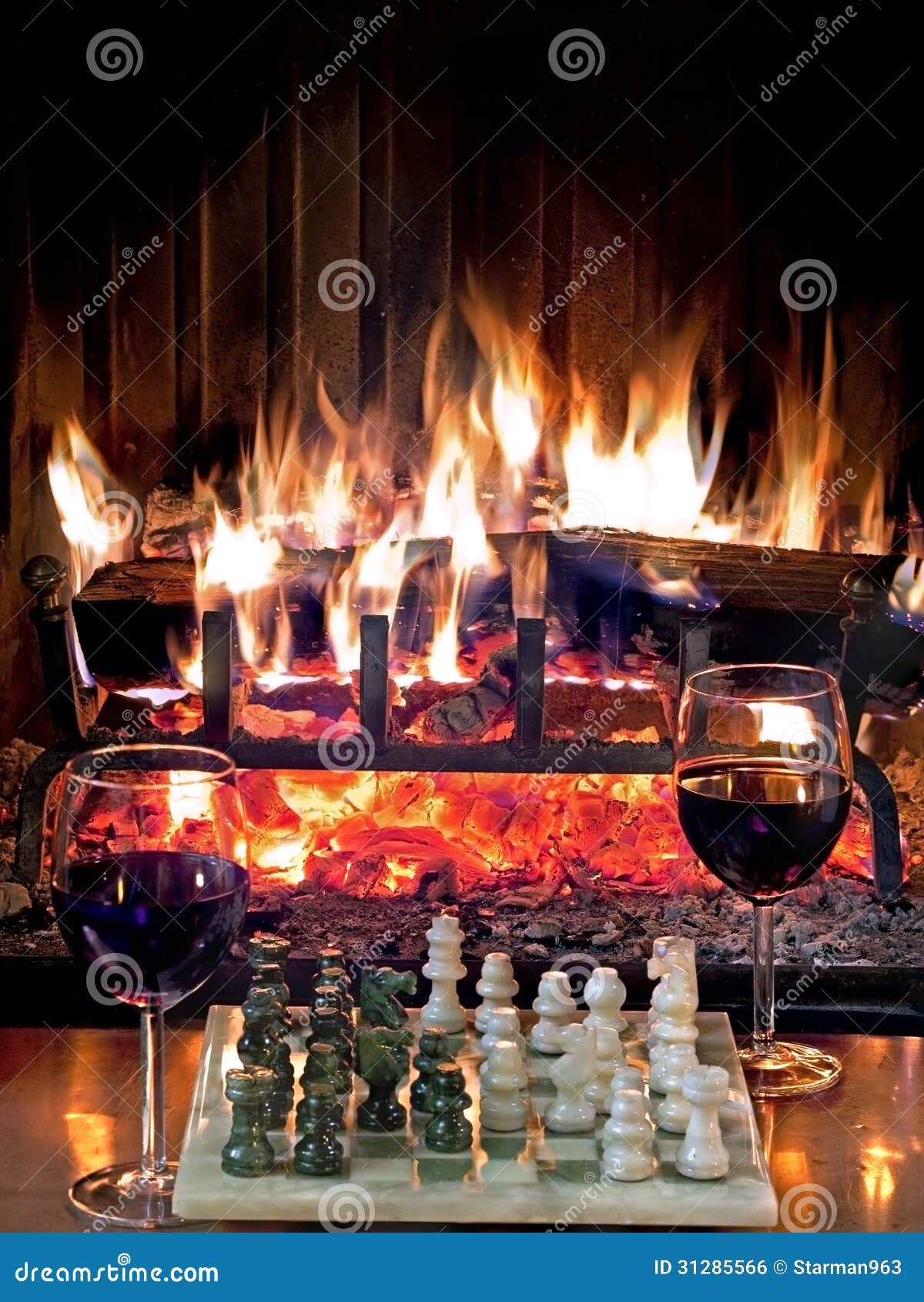 Play Chess Drinking Red Wine in Front of a Roaring Fireplace Stock ...