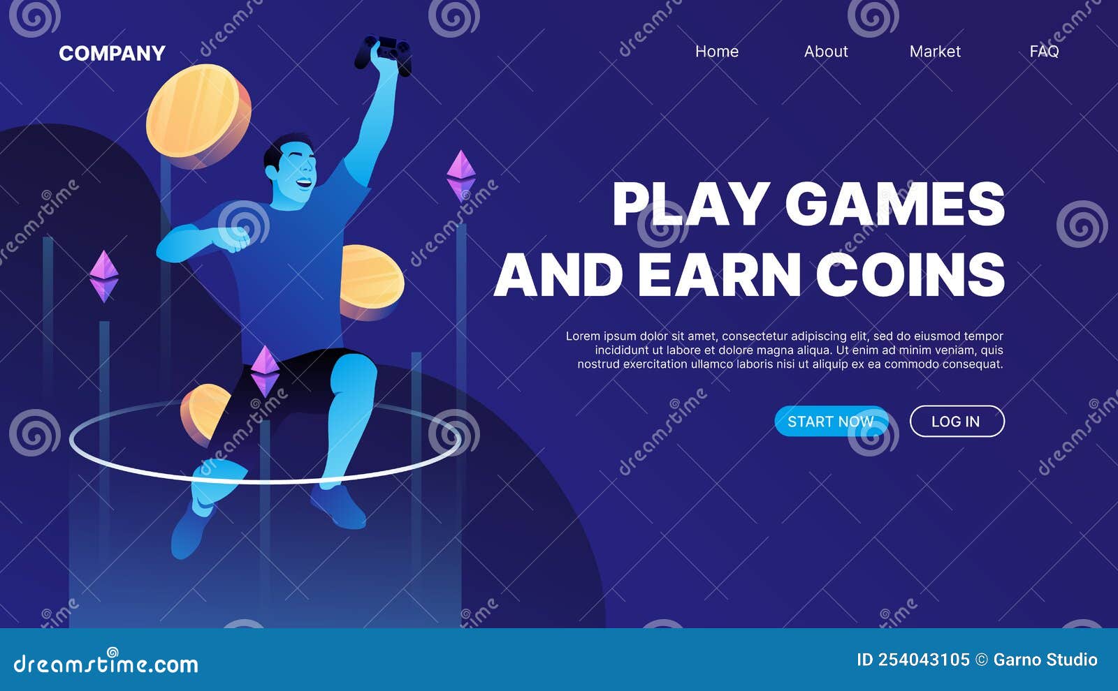 Play Games, Earn Coins Horizontal Web Banner. Landing Page Illustration ...