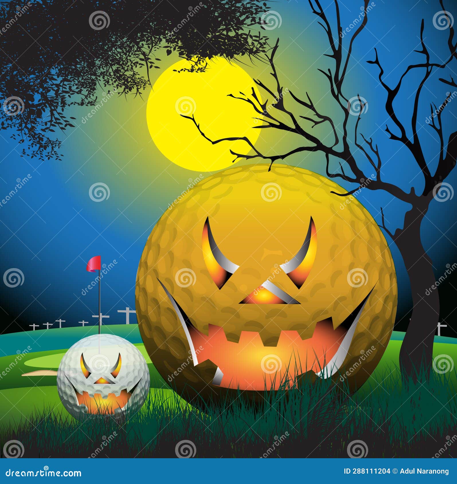 Halloween Golf Course, Play Golf at Night Stock Vector - Illustration ...