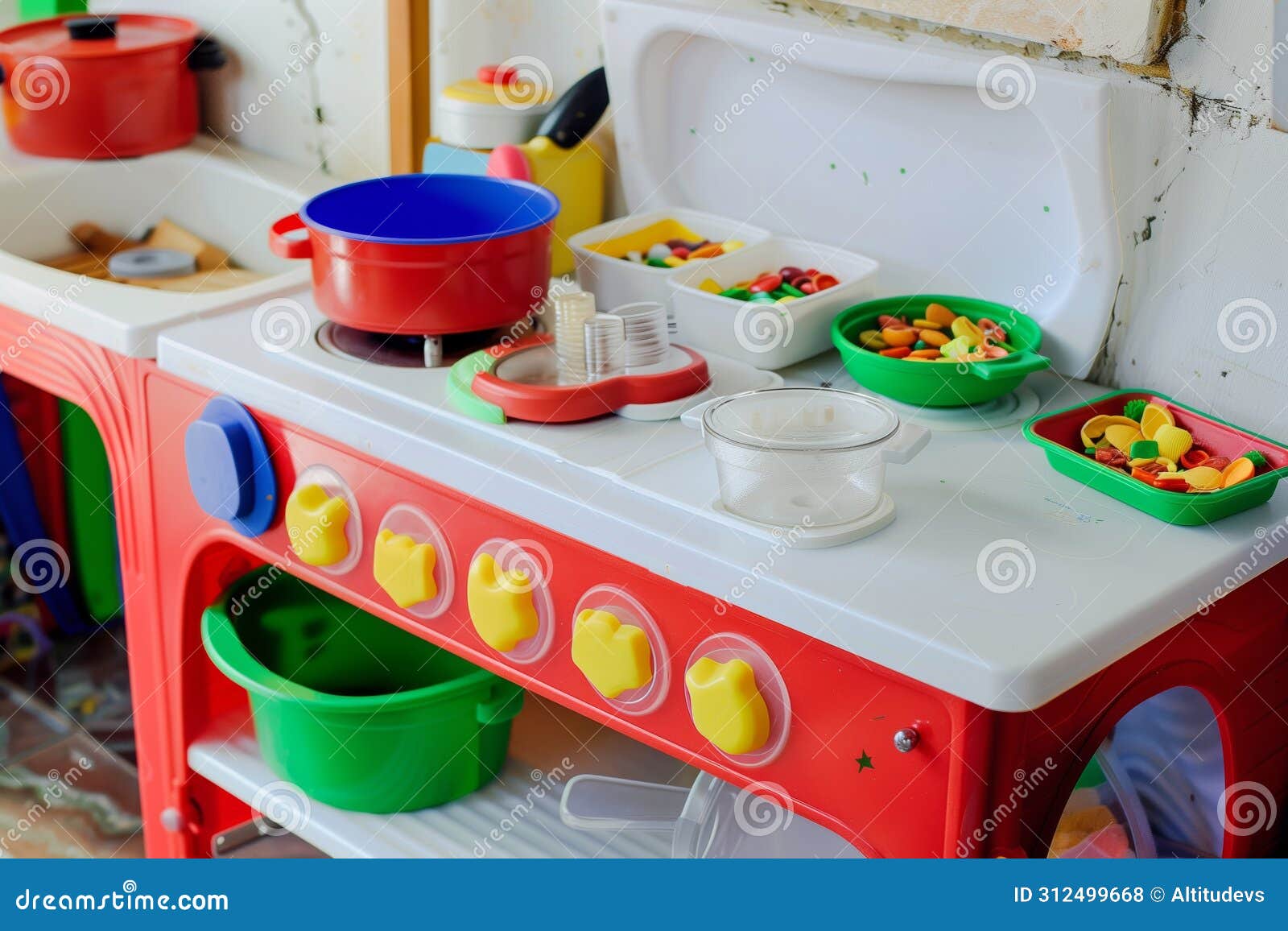 Play Kitchen Set with Plastic Food and Empty Pots Stock Photo - Image ...