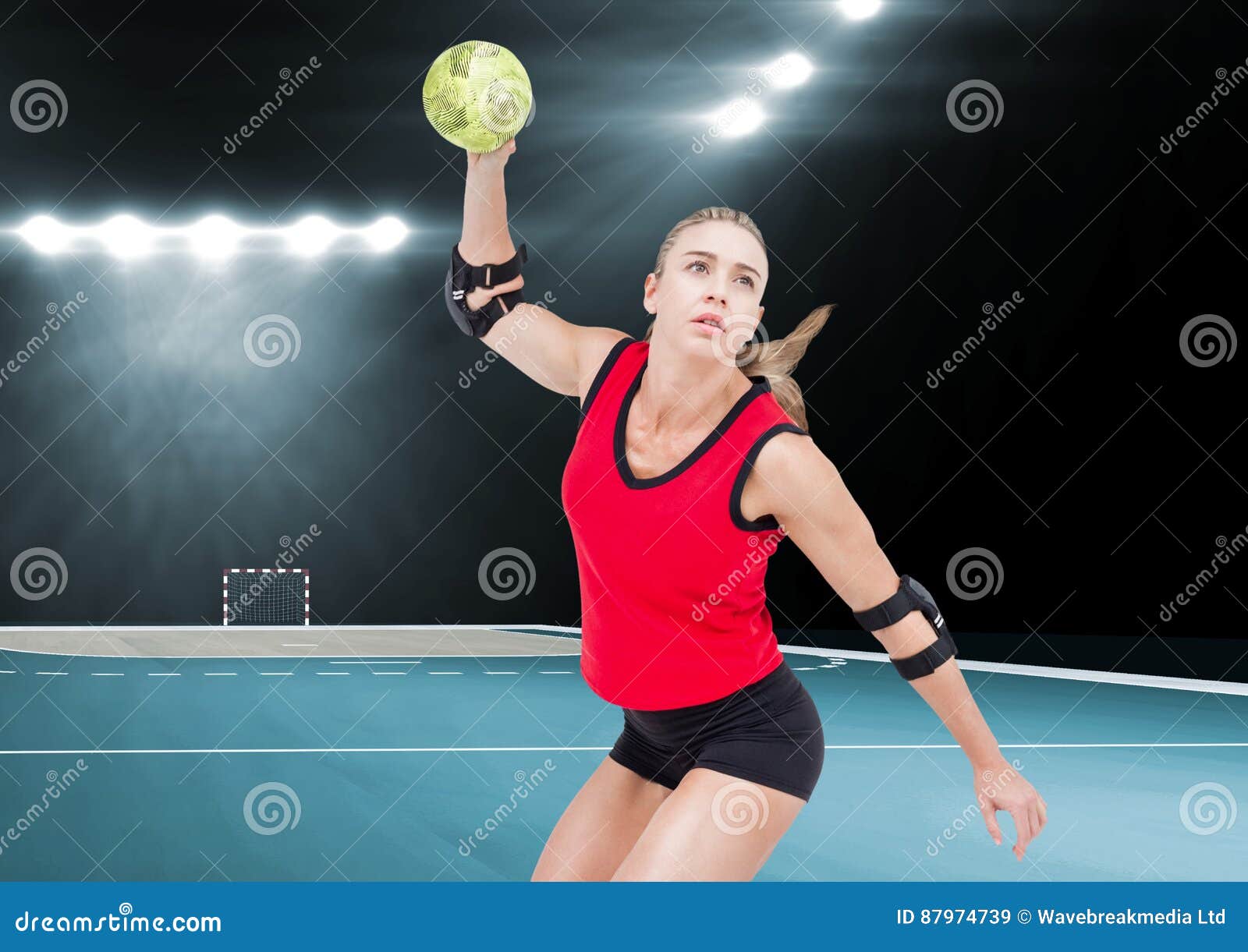 Player Playing Handball in Stadium Stock Image - Image of jumping ...