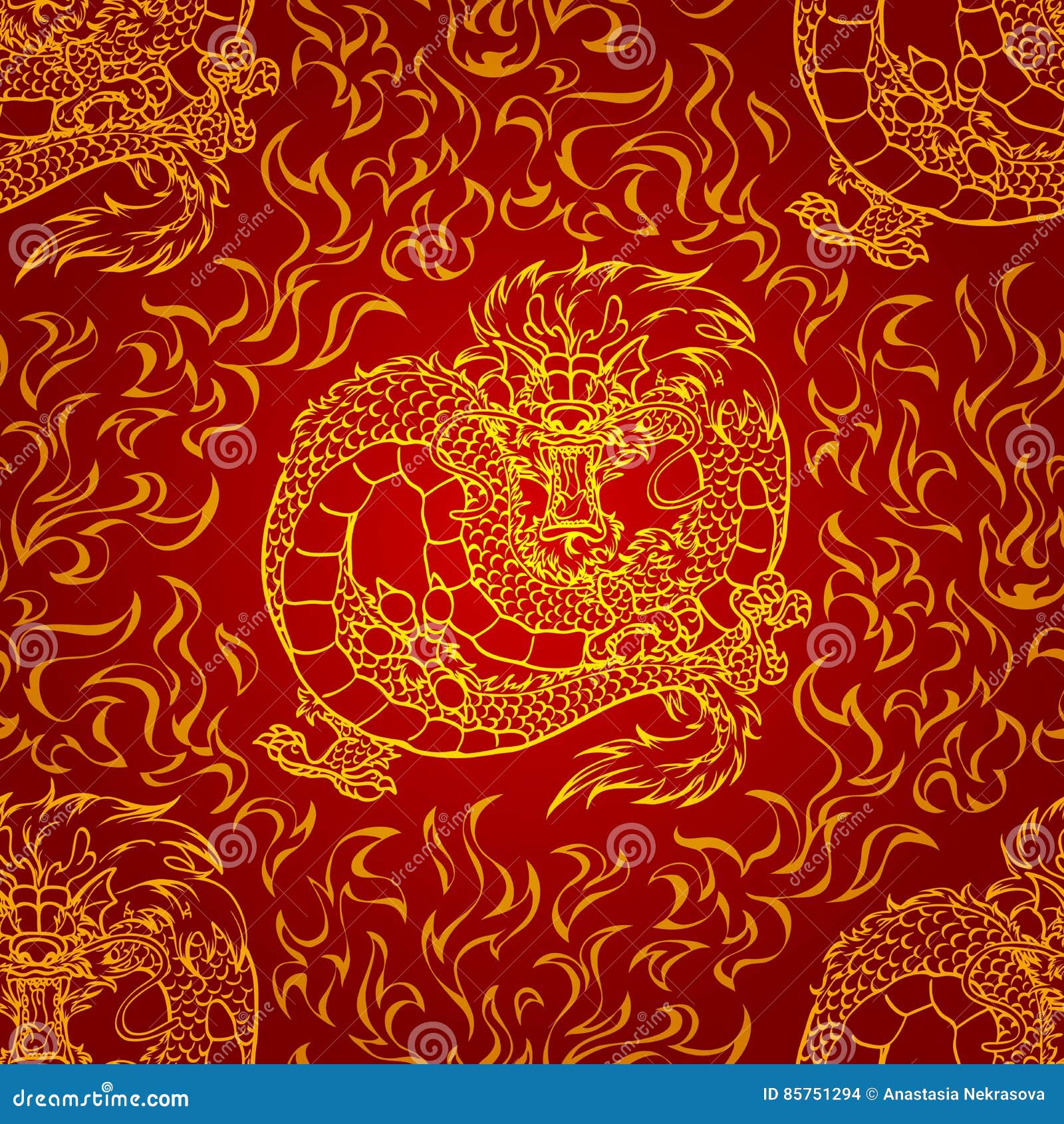 Playfu Asian Dragon and Fire Pattern Stock Vector - Illustration of ...