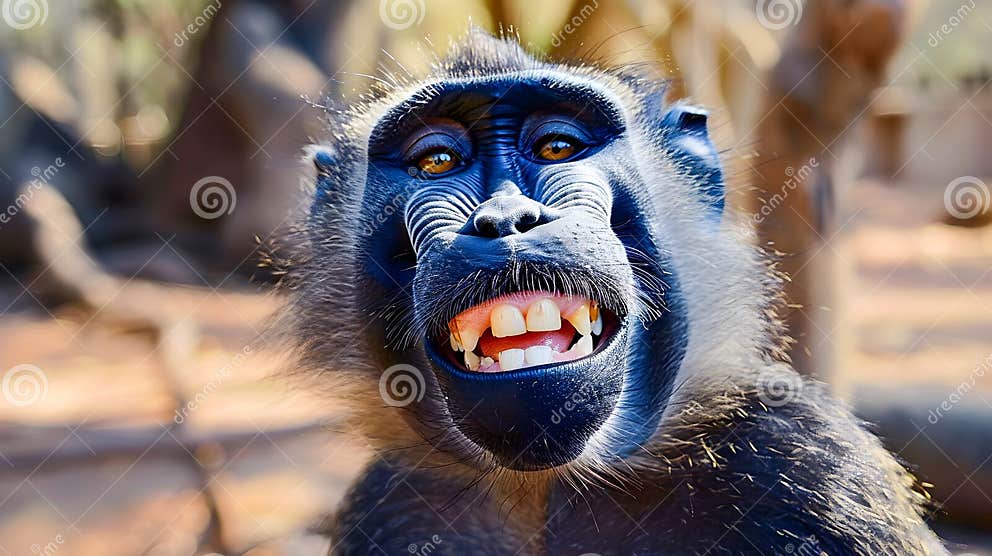 Playful and Amusing Portrait of a Smiling Baboon Primate Displaying Its ...