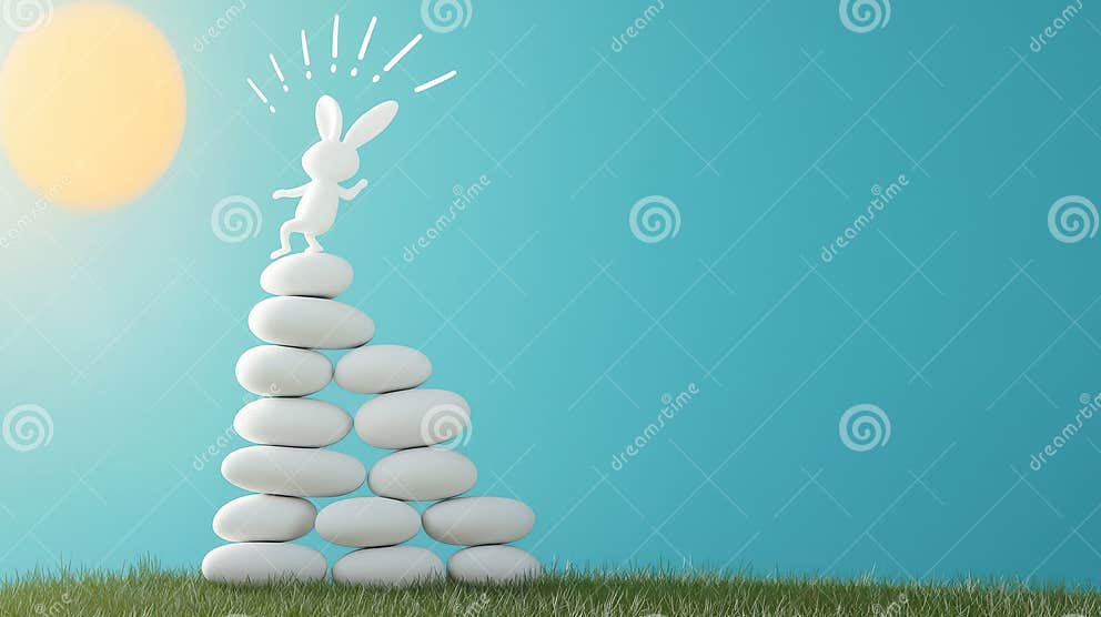Playful Bunny Climbing Stack of White Eggs Under Sunny Sky, Joyful ...