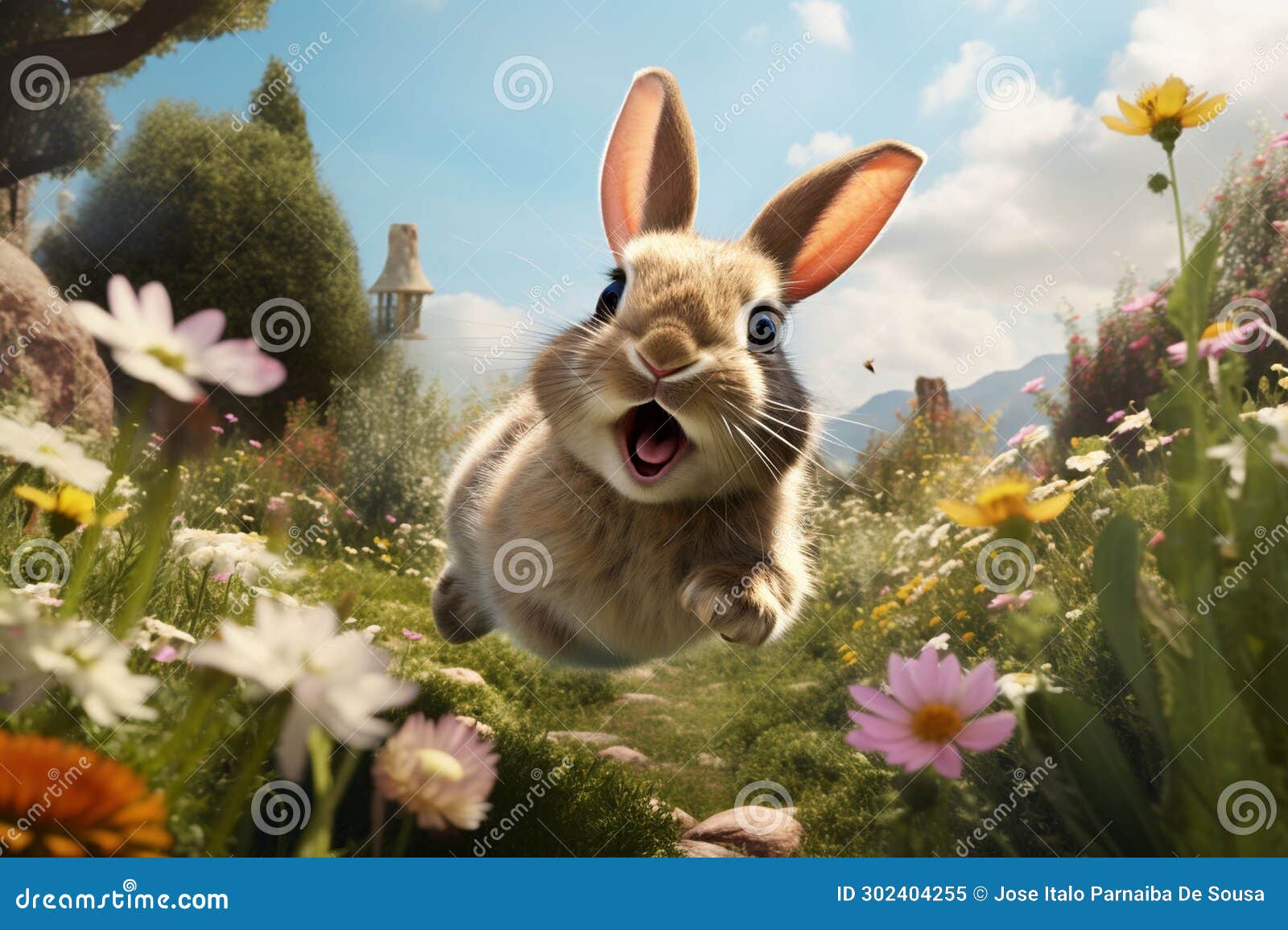 Playful Bunny Hopping through a Lush Field Stock Illustration ...