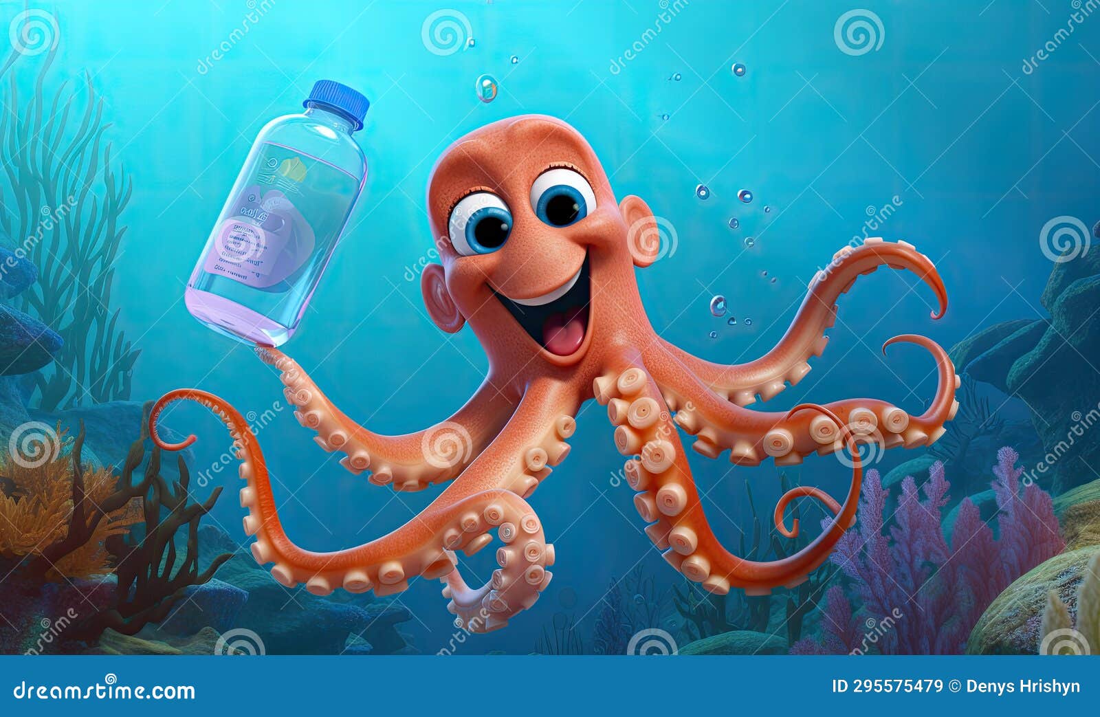 A Playful Cartoon Octopus with a Refreshing Bottle of Water Stock ...