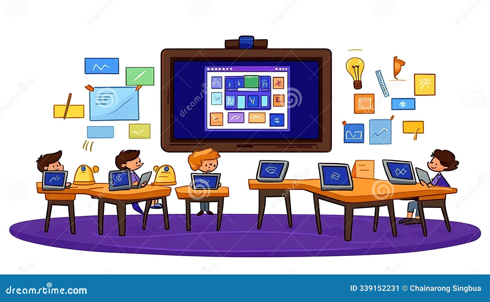 A Playful Cartoon Vector Illustration of Children Using Tablets and ...