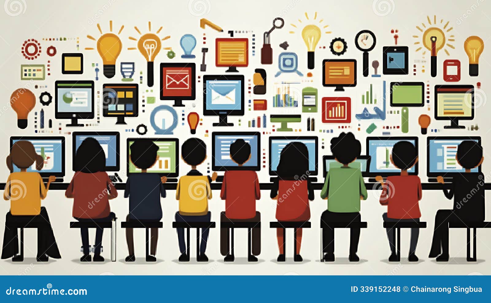 A Playful Cartoon Vector Illustration of Children Using Tablets and ...