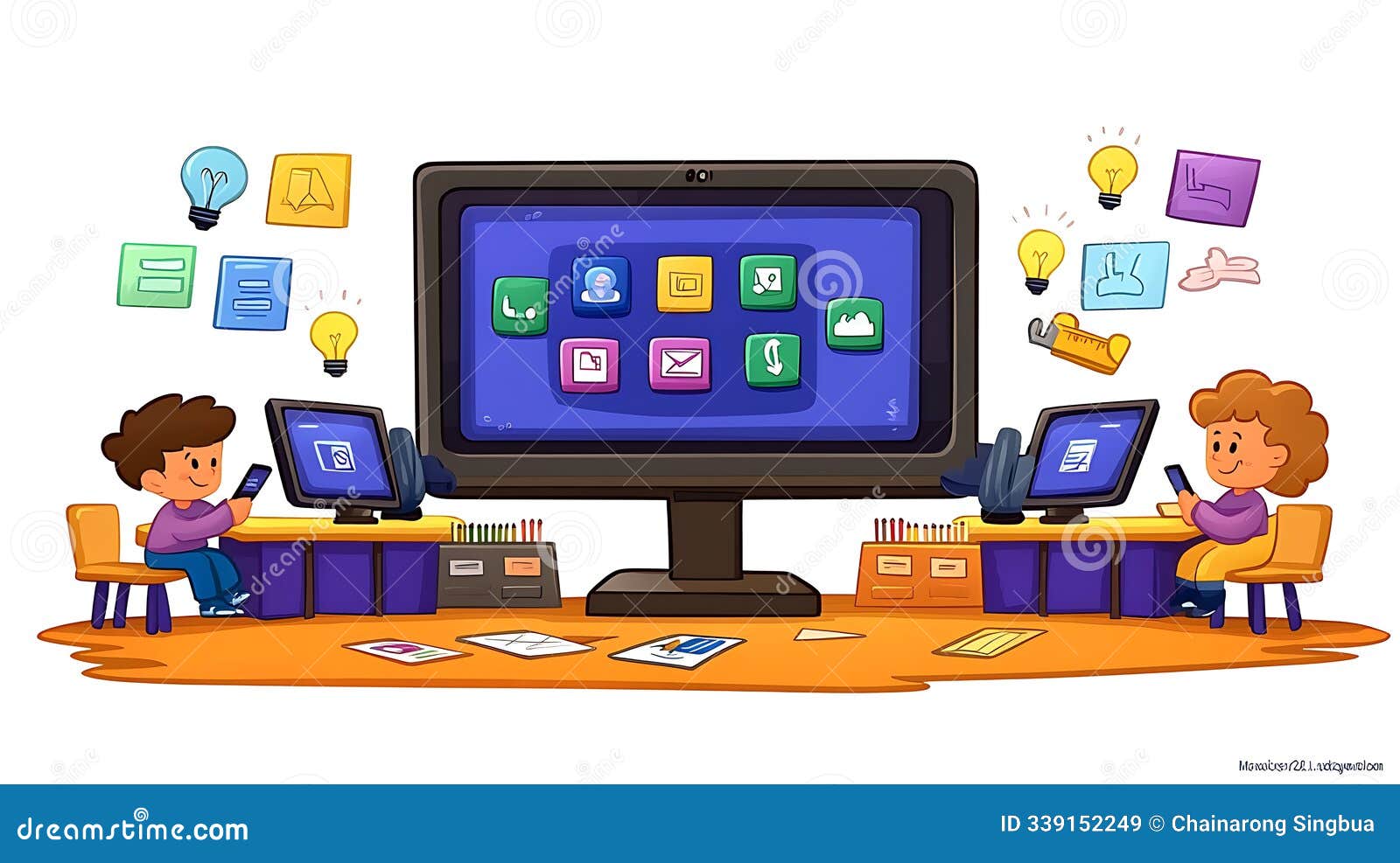 A Playful Cartoon Vector Illustration of Children Using Tablets and ...