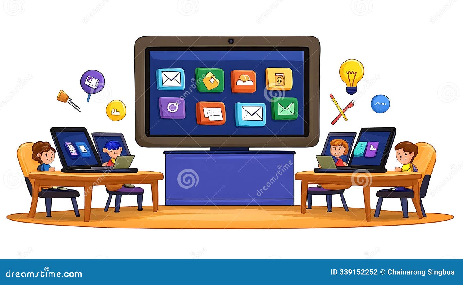 A Playful Cartoon Vector Illustration of Children Using Tablets and ...