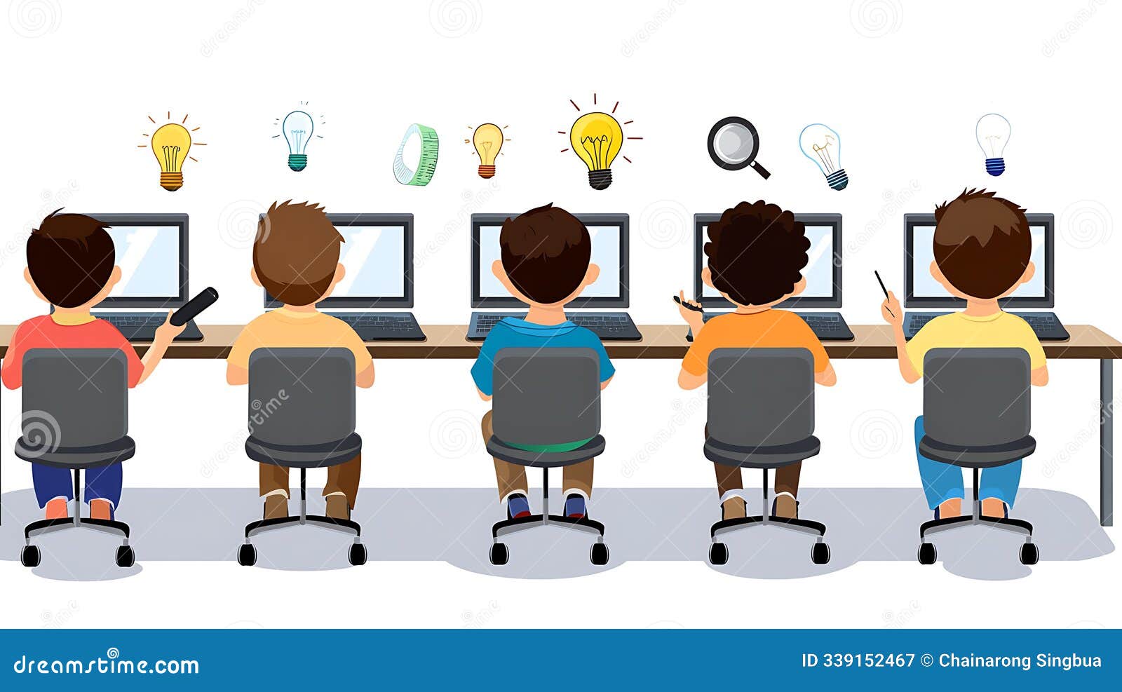 A Playful Cartoon Vector Illustration of Children Using Tablets and ...