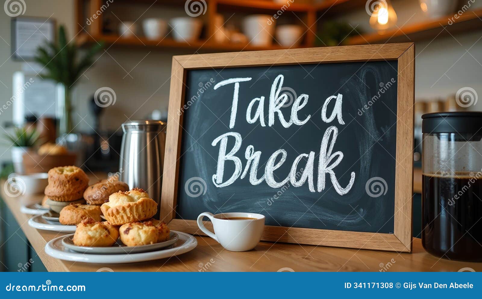 Playful Cursive Take A Break On Caf Chalkboard Pastries Coffee On Counter Royalty-Free Stock ...