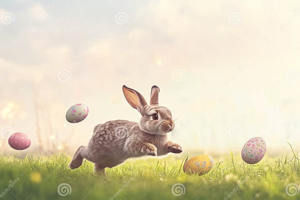 A Playful Easter Bunny Running through a Field, with Multicolored Easter Eggs Bouncing Alongside ...
