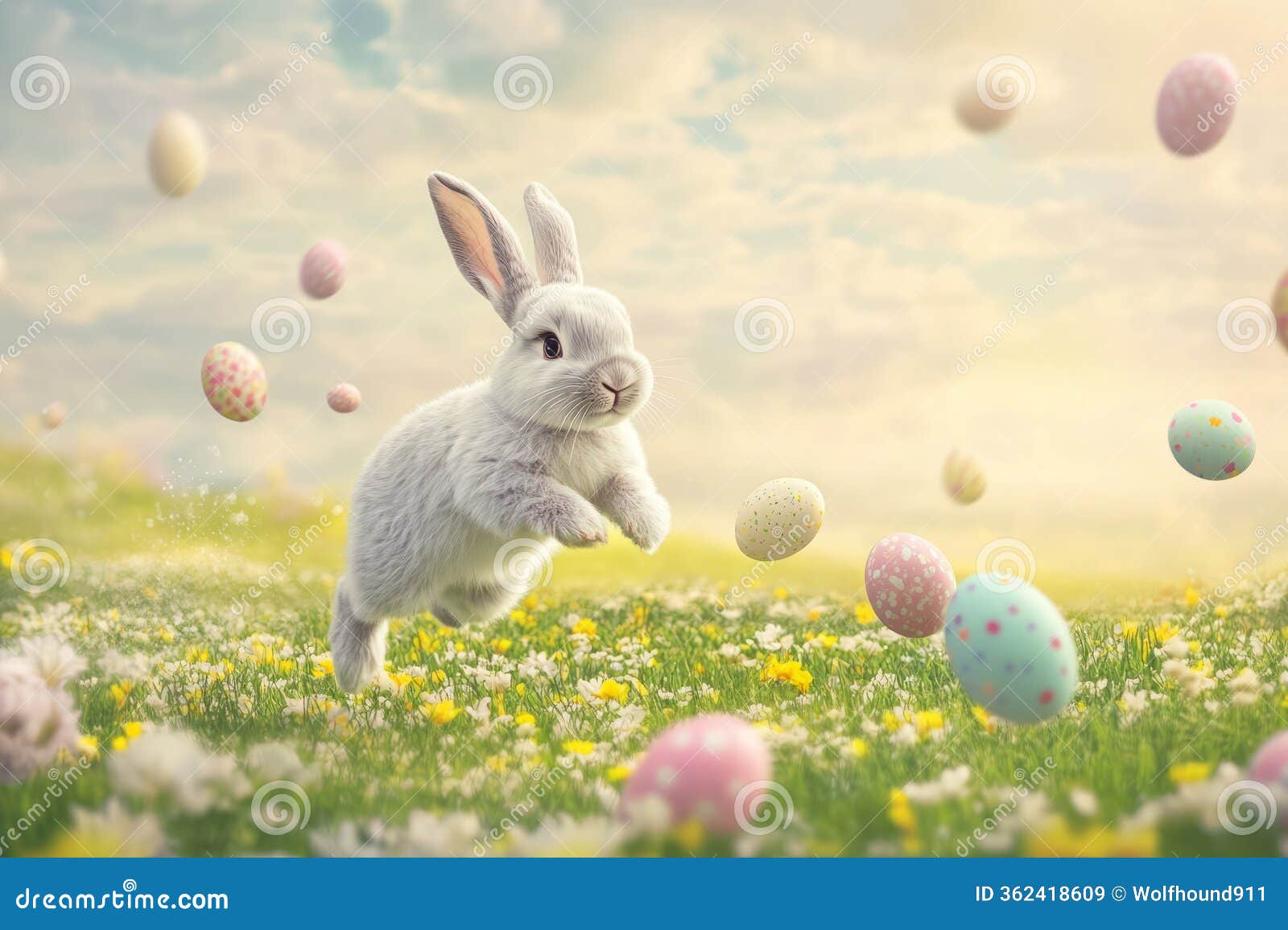 A Playful Easter Bunny Running through a Field, with Multicolored Easter Eggs Bouncing Alongside ...