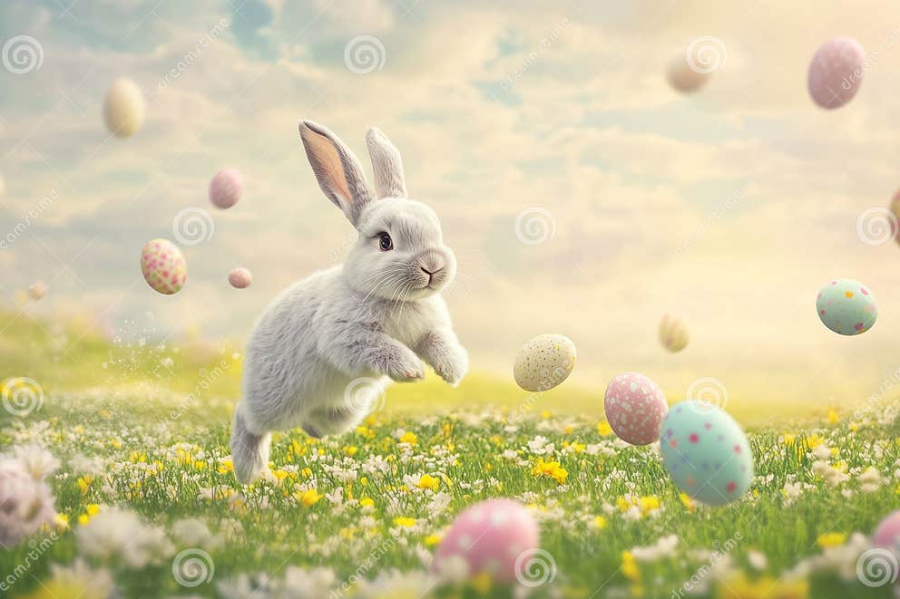 A Playful Easter Bunny Running through a Field, with Multicolored ...
