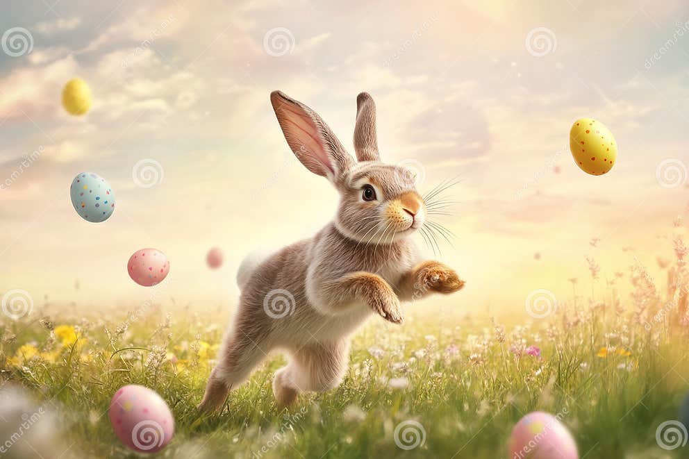 A Playful Easter Bunny Running through a Field, with Multicolored ...