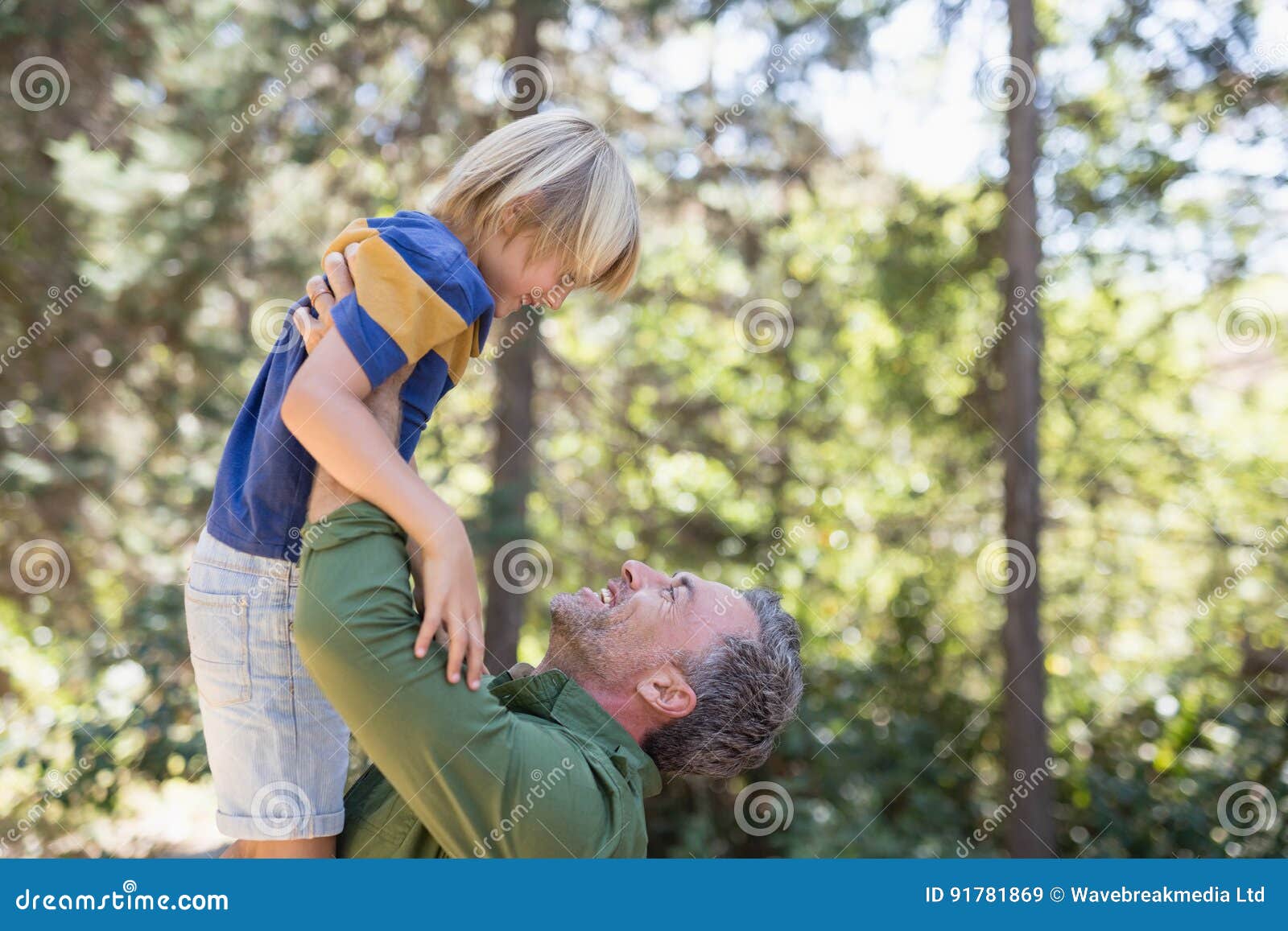 Playful Father Lifting Up Son in Forest Stock Image - Image of ...