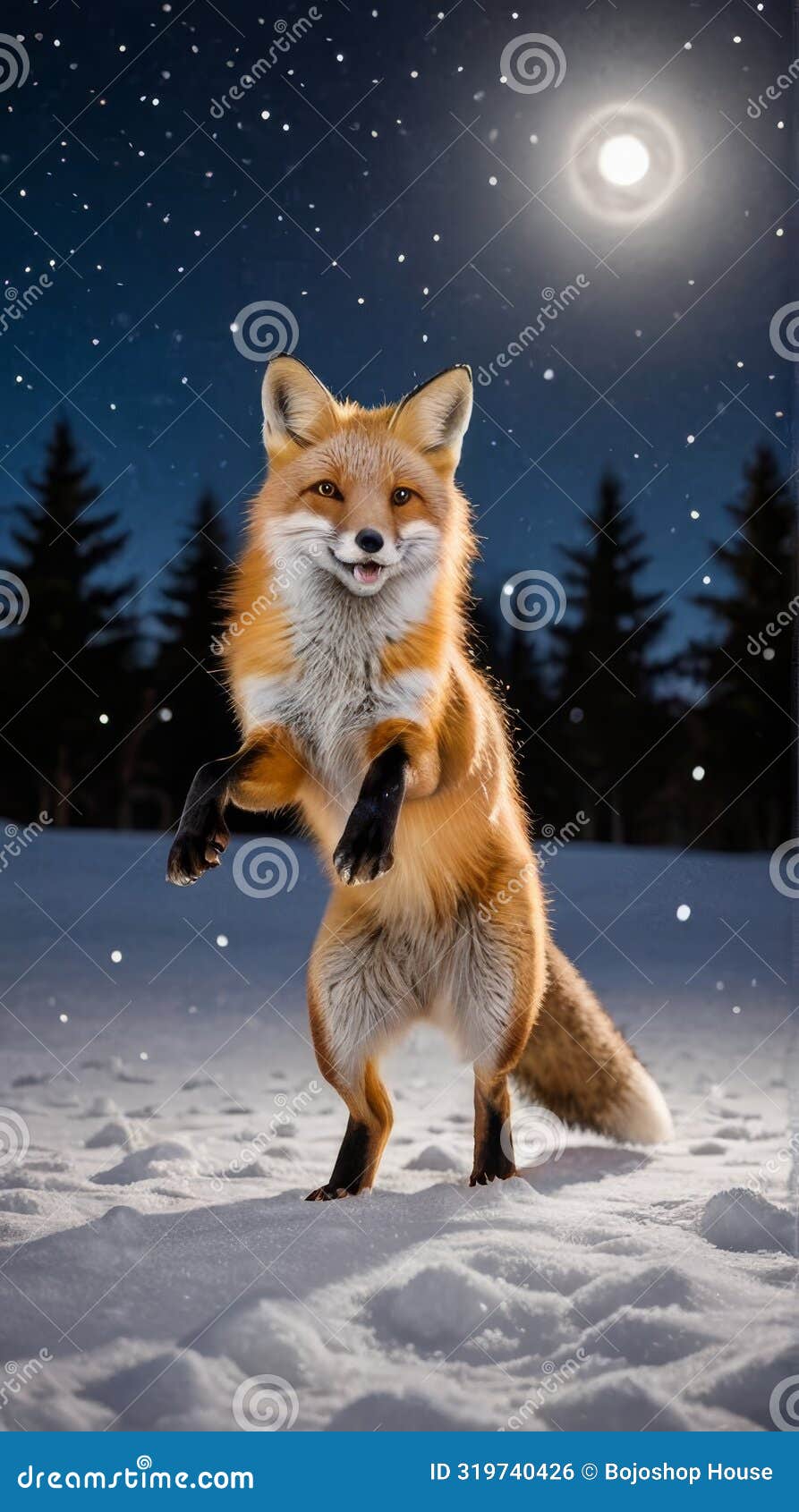 Playful Fox Dancing Under Moonlight: Enchanting Winter Snow Scene Stock ...