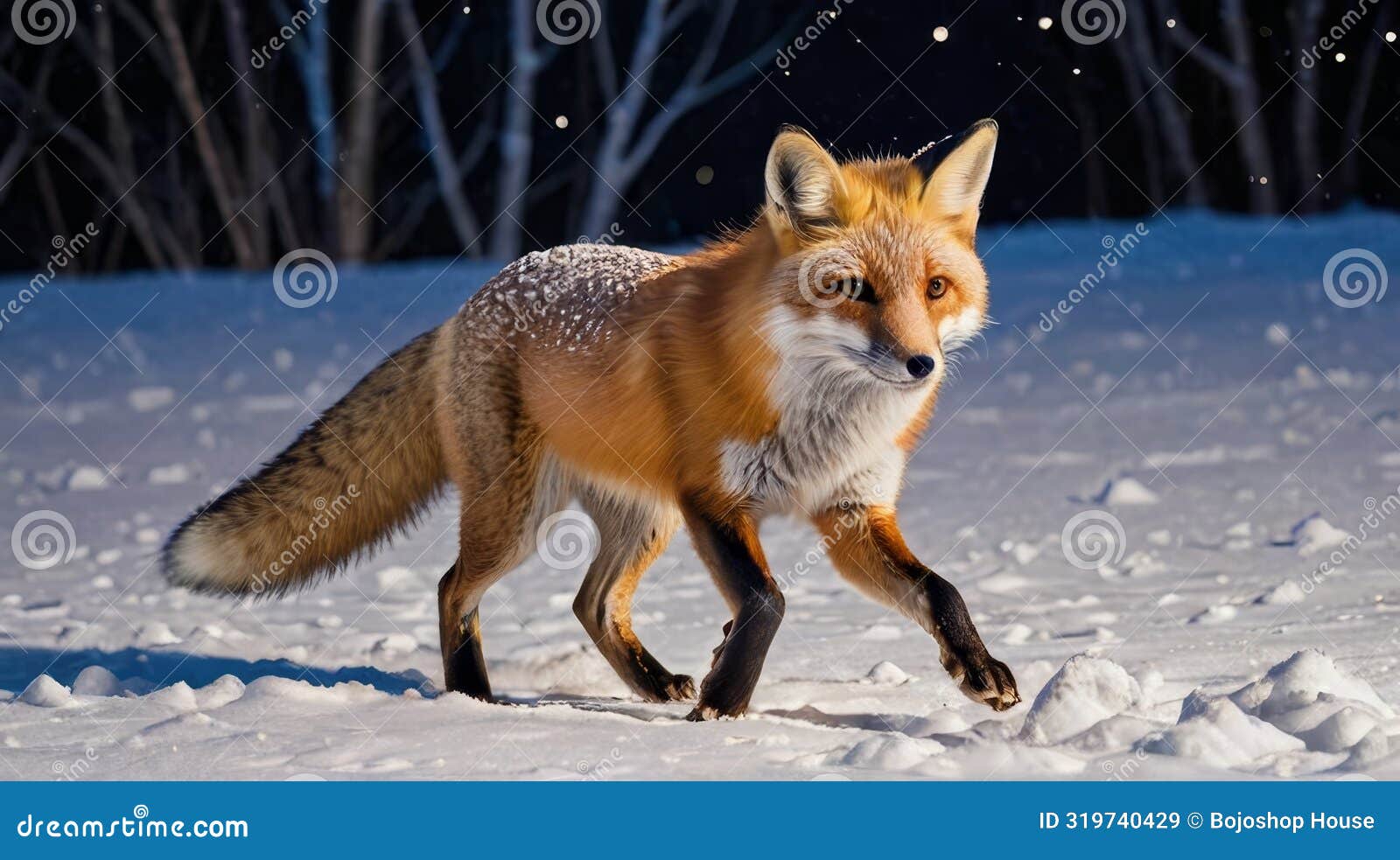Playful Fox Dancing Under Moonlight: Enchanting Winter Snow Scene Stock ...