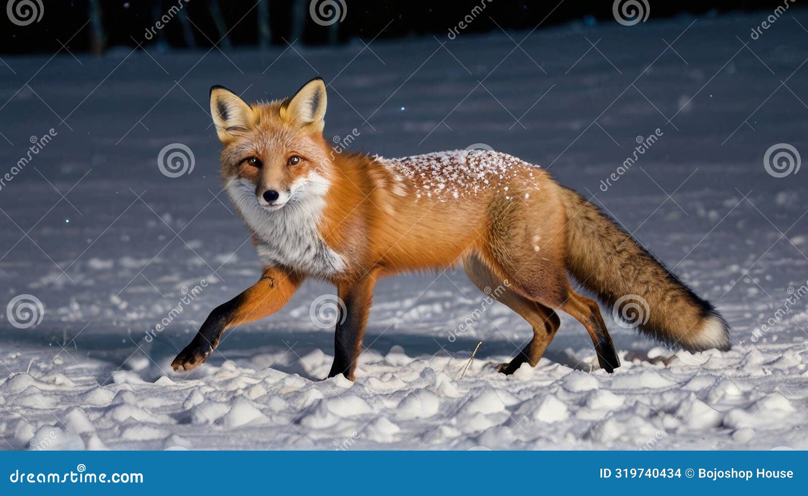 Playful Fox Dancing Under Moonlight: Enchanting Winter Snow Scene Stock ...