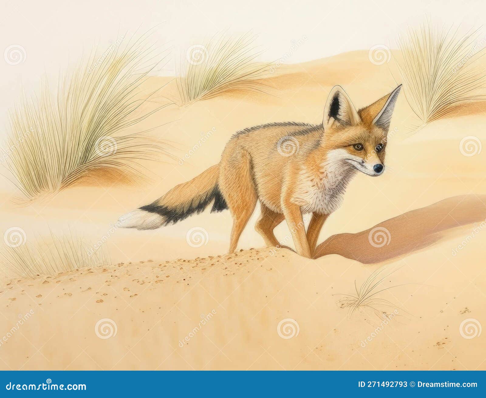 Playful Fox with a Pointed Muzzle Runs Across the Sand Dunes. Cute ...