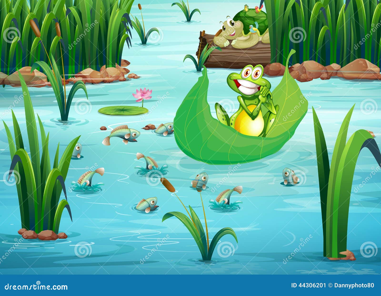 A Playful Frog and a Turtle at the Pond Stock Illustration ...