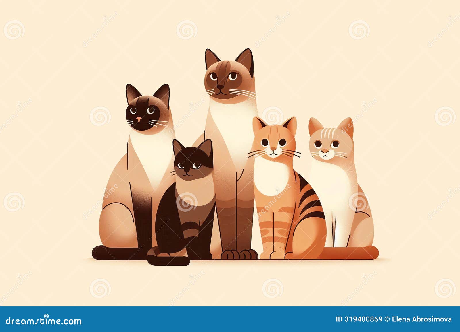 Playful Group of Five Cats Sitting Together Stock Illustration ...