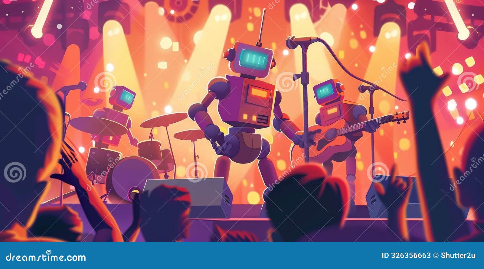 A Playful Illustration of a Robot Rock Band Performing on Stage Stock ...