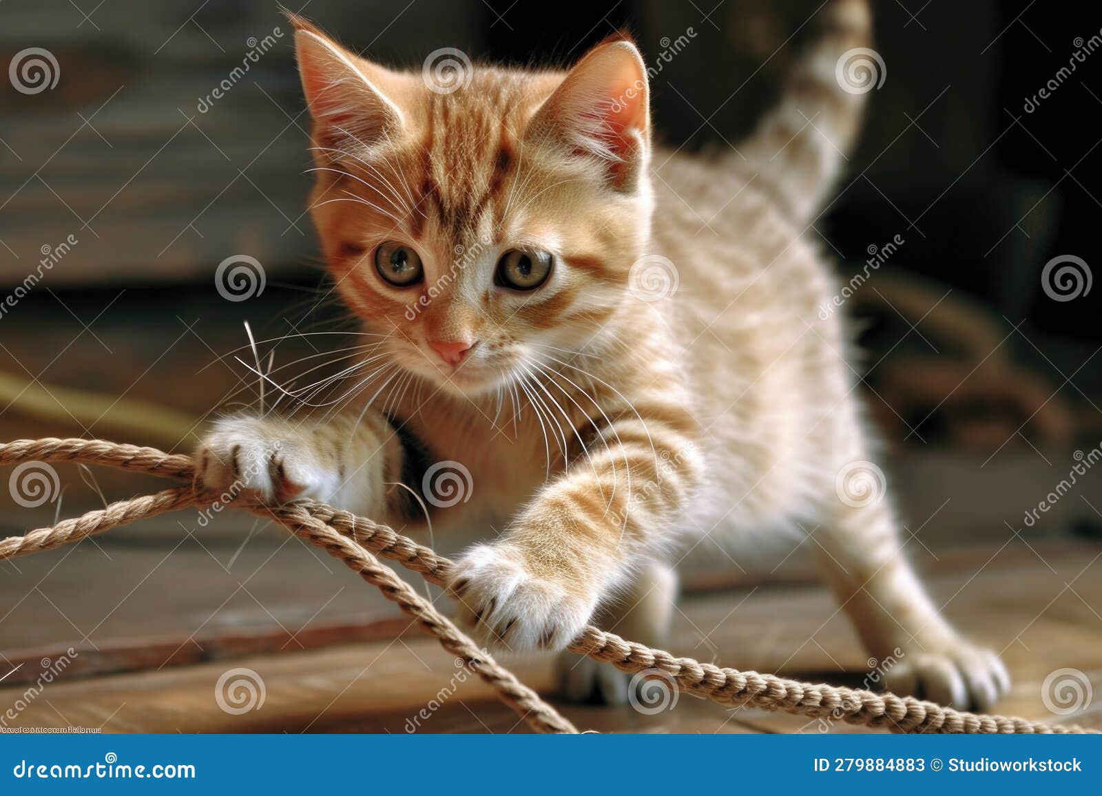 Playful Kitten, Chasing String with Its Claws Out Stock Illustration ...