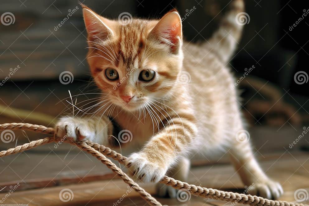 Playful Kitten, Chasing String with Its Claws Out Stock Illustration ...