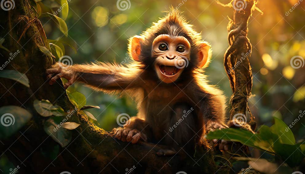 Playful Monkey in Lush Jungle Setting with Joyful Expression Stock ...