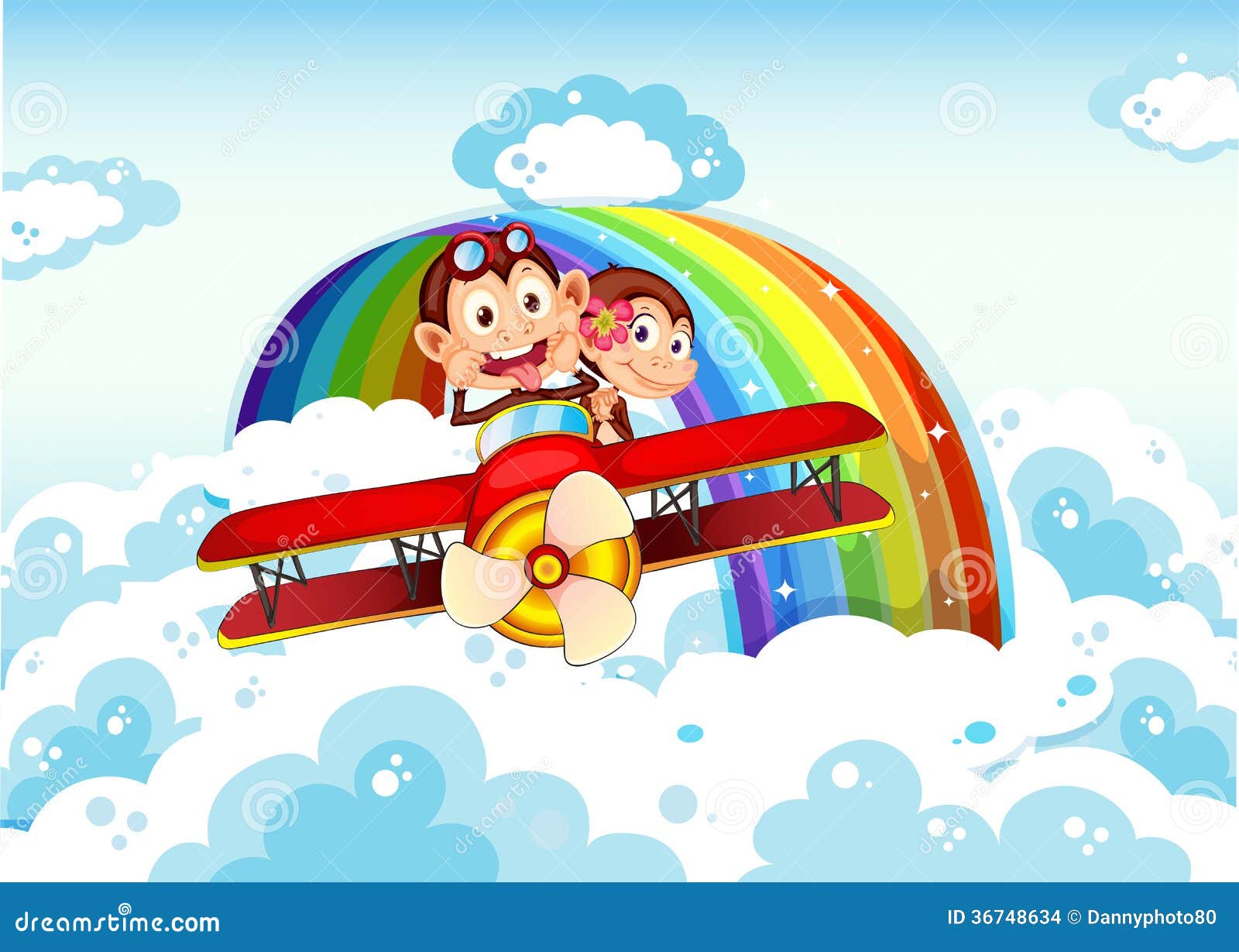 Playful Monkeys Riding on a Plane Near the Rainbow Stock Illustration ...