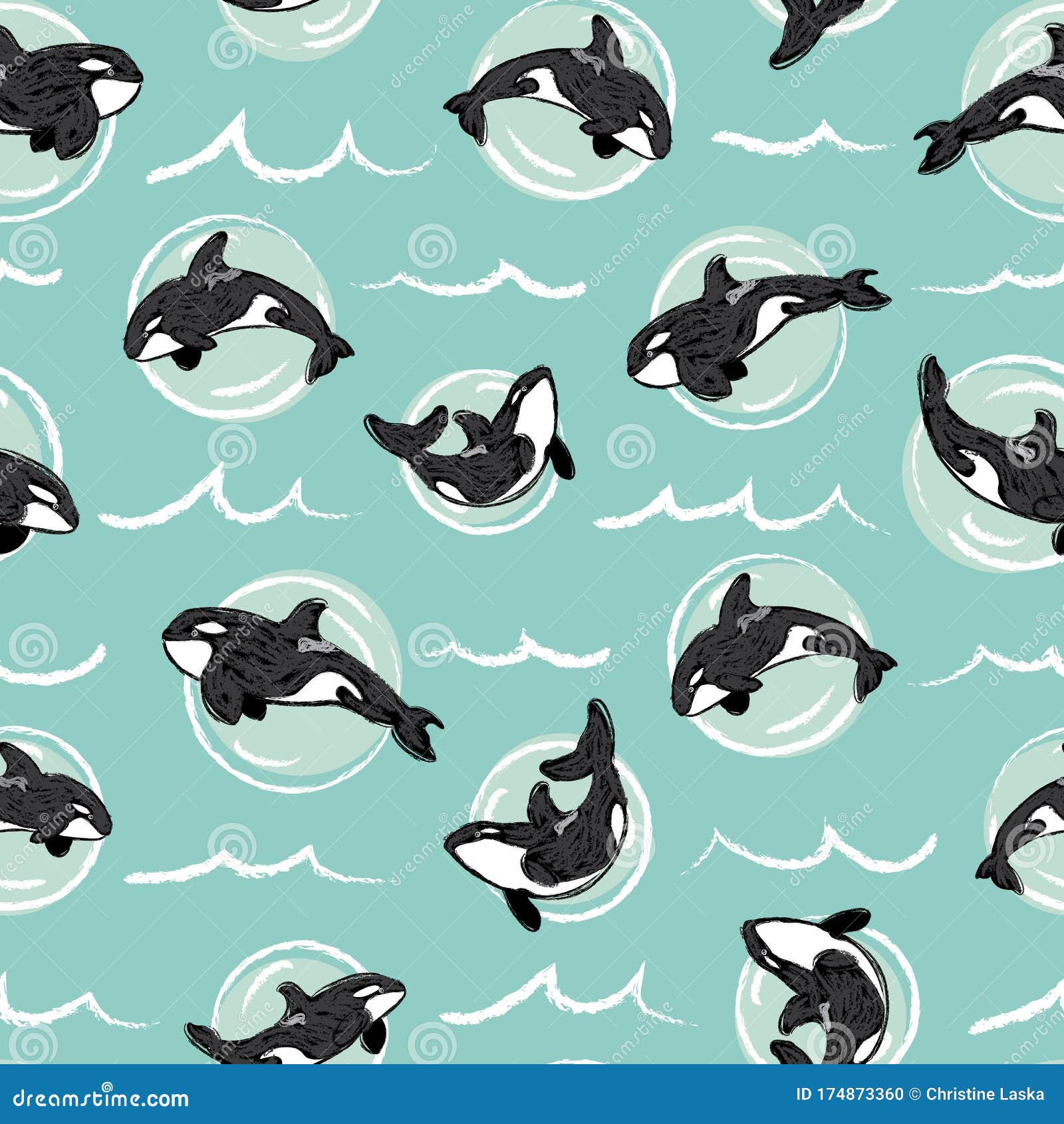 Vector Orcas in Bubbles Hand Drawn Scribble Texture in Sea Foam Green ...