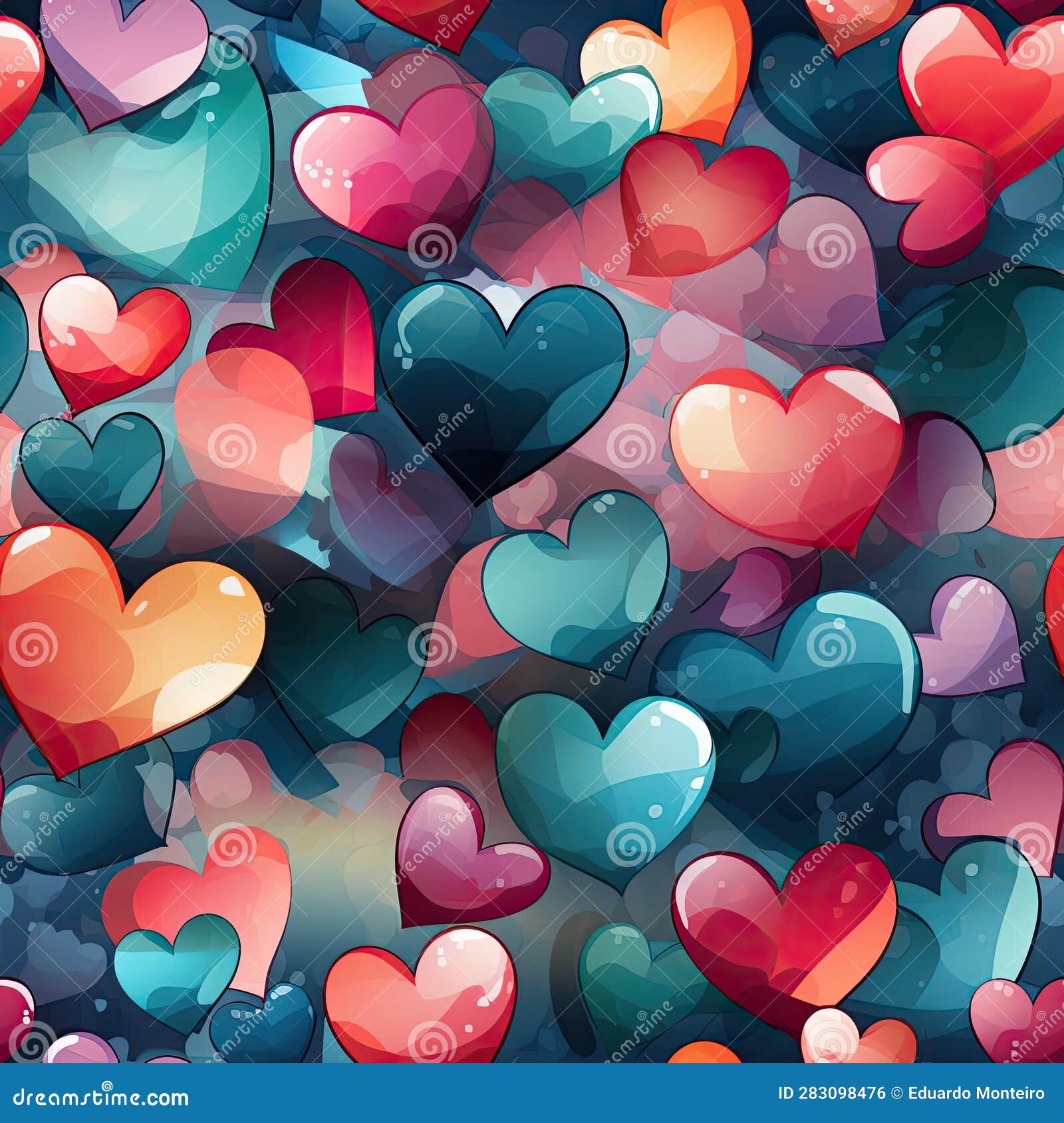 Playful Pattern with Heart-shaped Bubbles on a Blue Background (tiled ...
