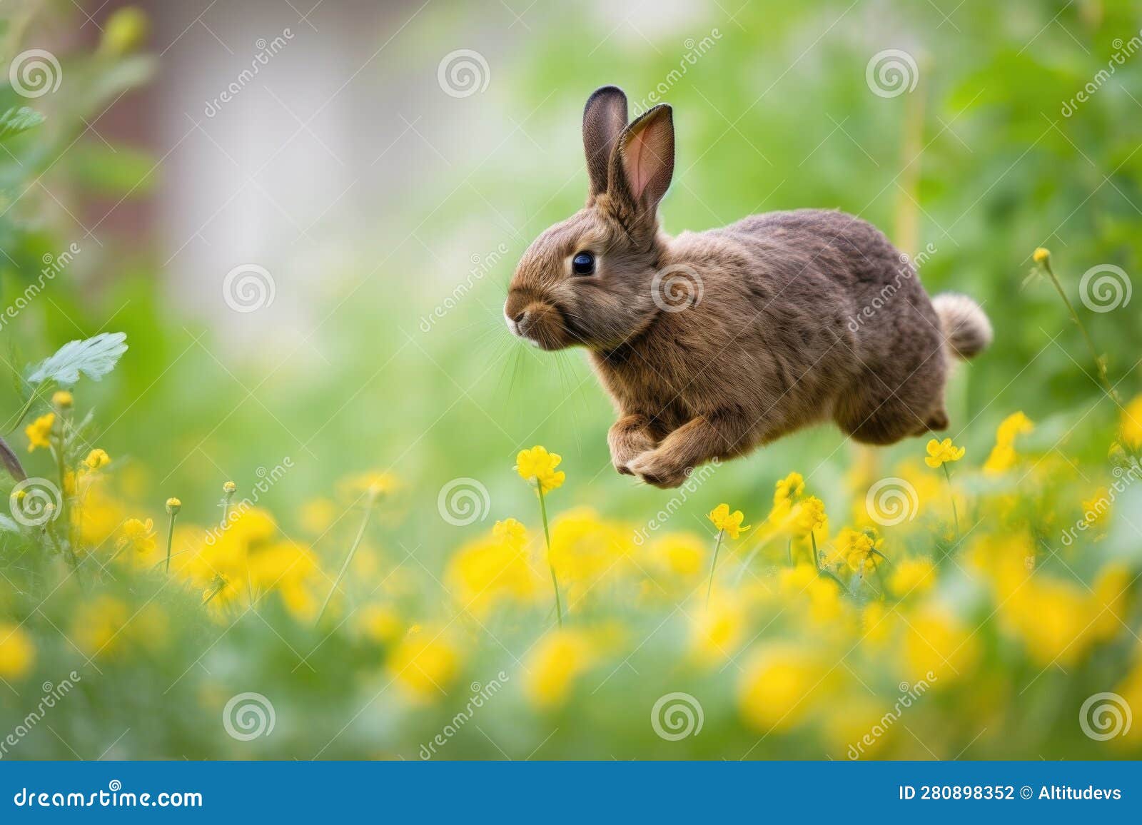 Playful Rabbit Hopping and Jumping through Field of Flowers Stock ...