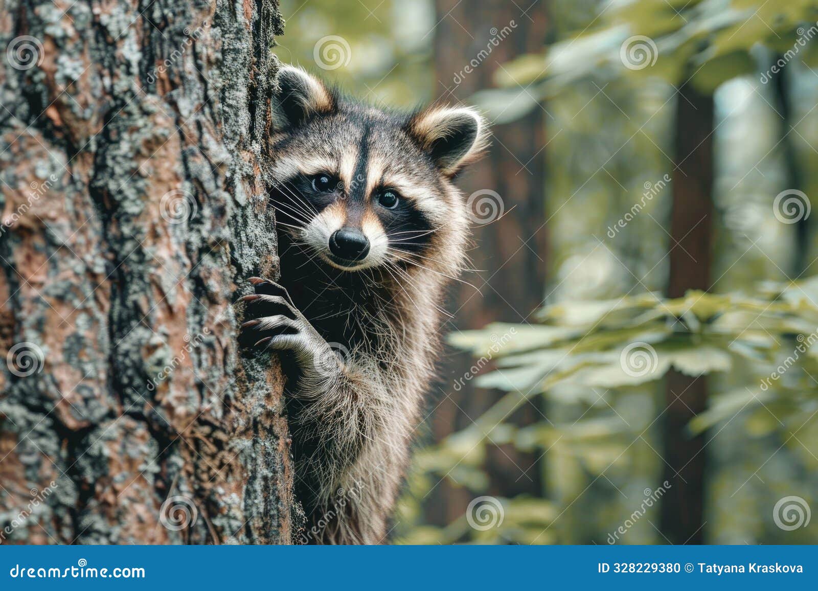 A Playful Raccoon Peeks Out from Behind a Tree Stock Photo - Image of ...