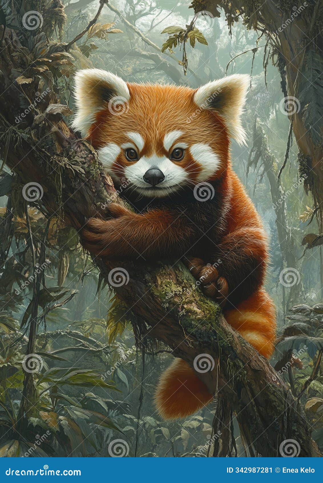 Playful Red Panda among Greenery Stock Illustration - Illustration of ...