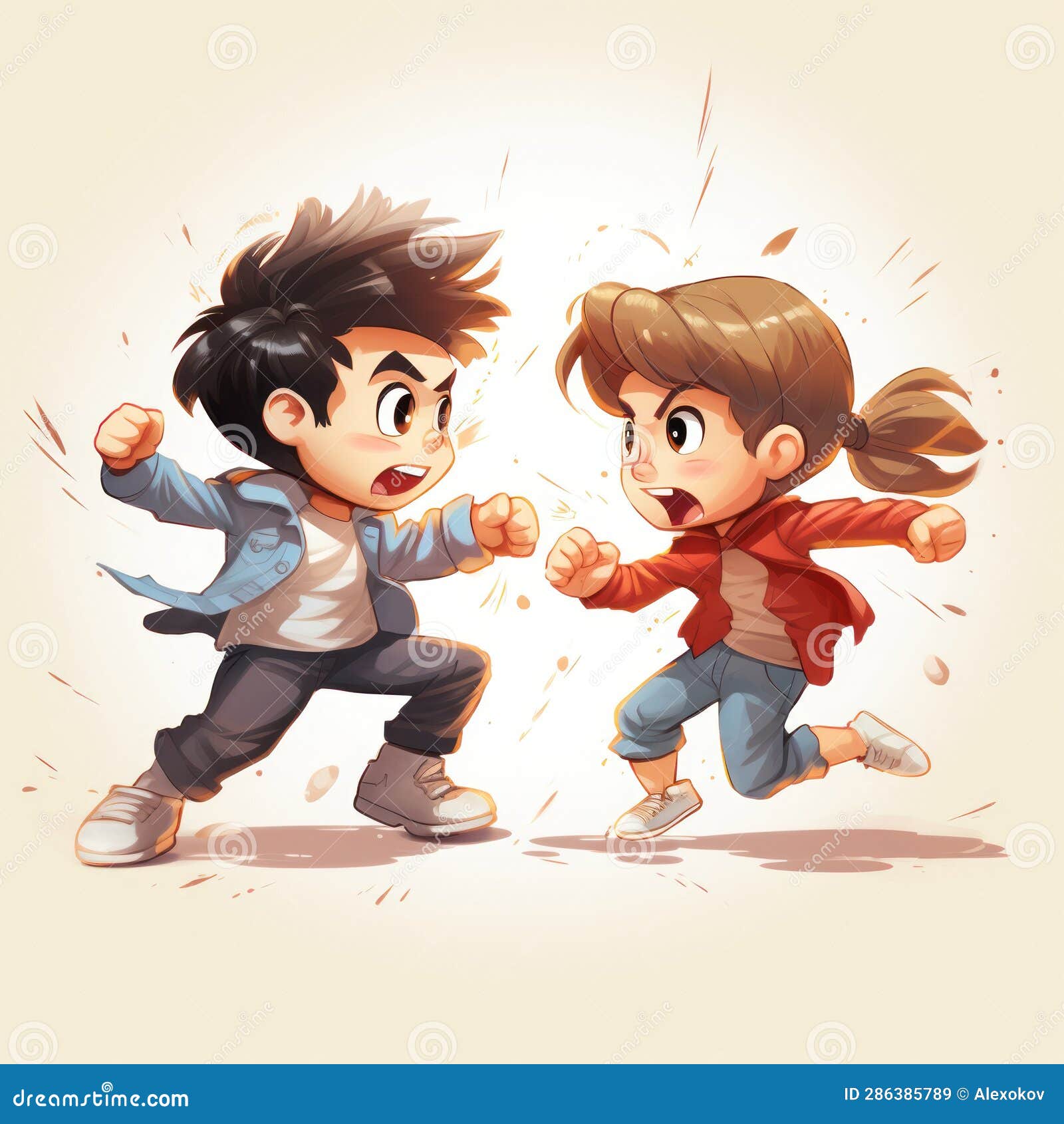 Playful Siblings Engaged in a Comic-Style Fight on a White Background ...