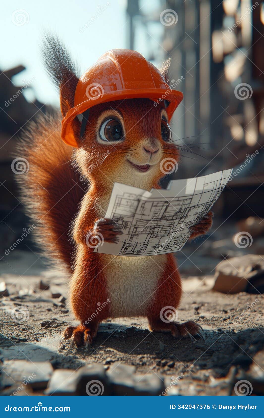 A Playful Squirrel in a Hard Hat Examines Architectural Plans at a ...