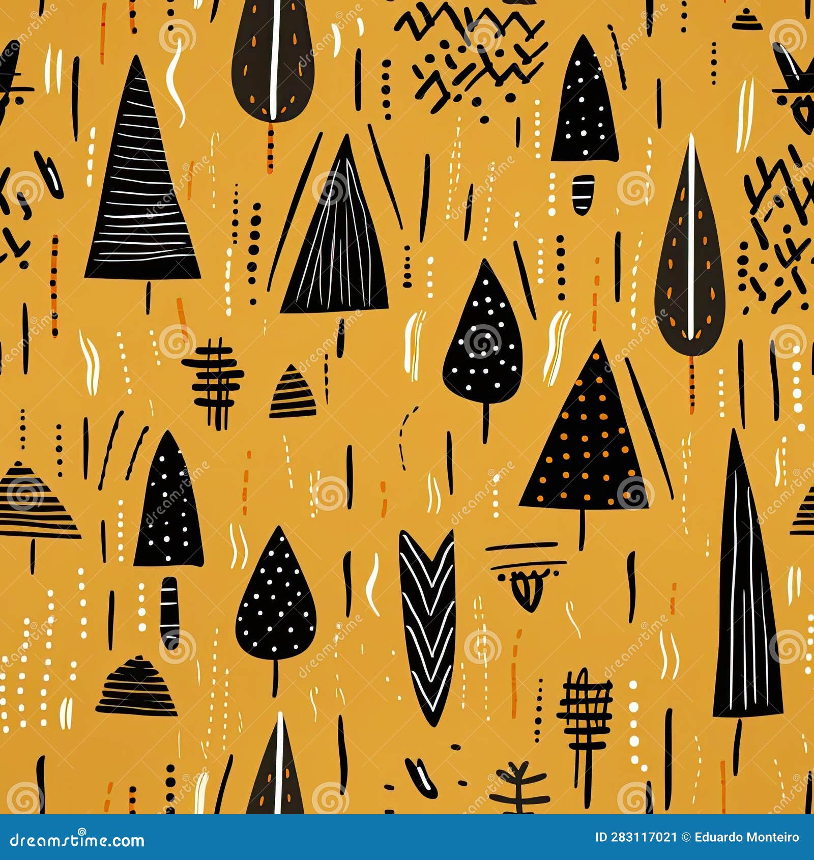 Playful Tree Patterns on a Yellow Background in a Primitive Style ...
