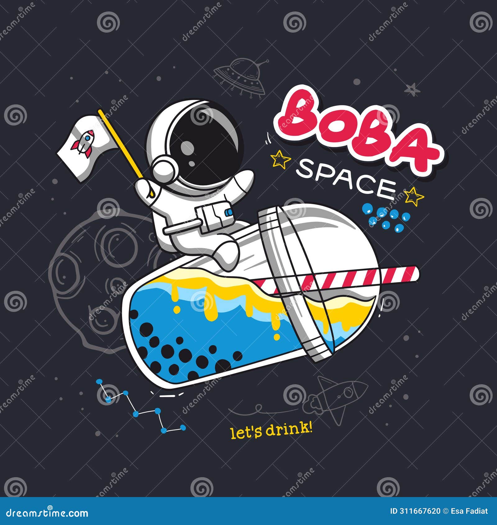 Playful Vector Illustration of an Astronaut Sipping Boba Tea while ...