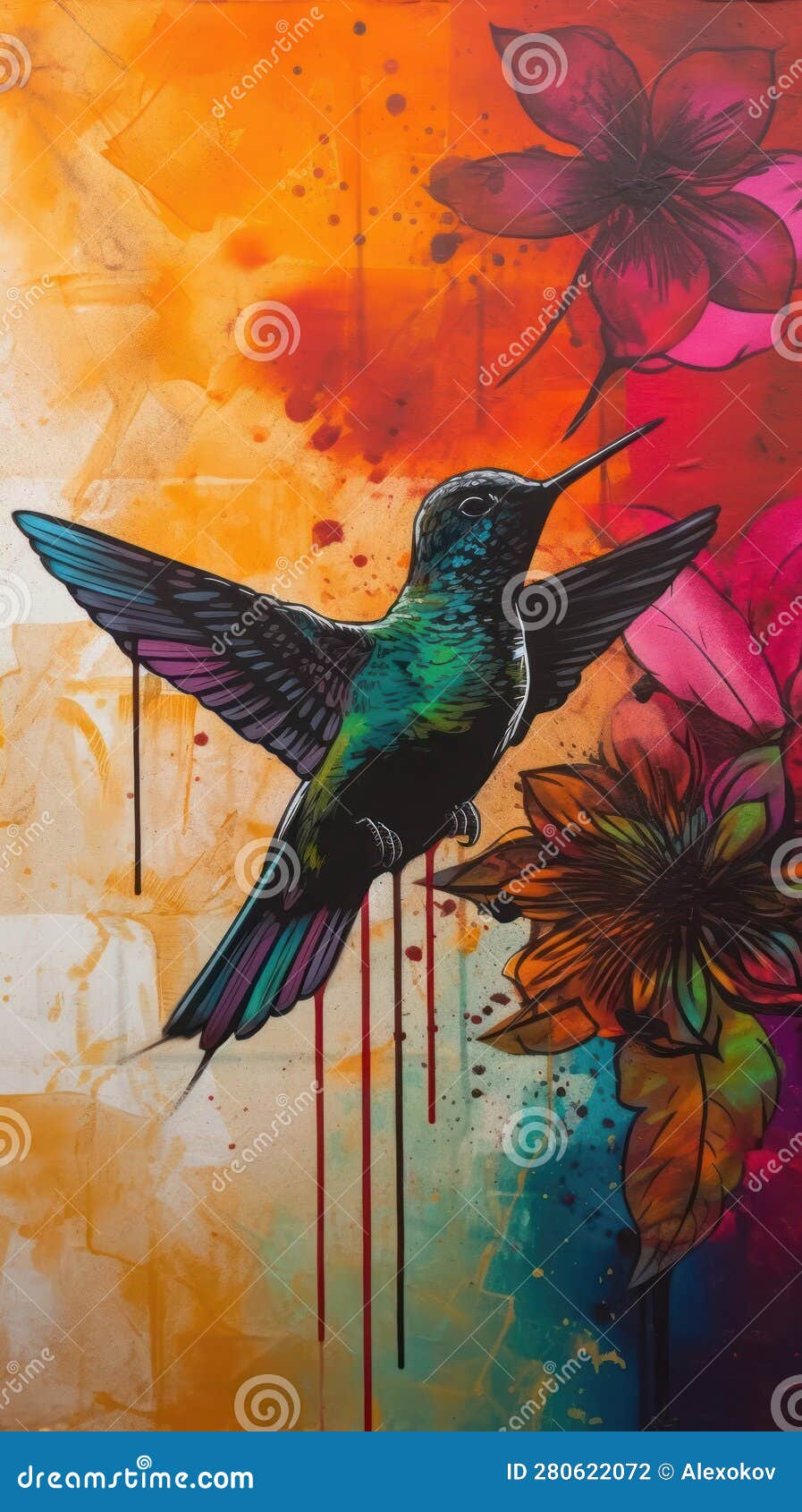 Playful and Vibrant Hummingbird and Flower Artwork . Stock Illustration ...