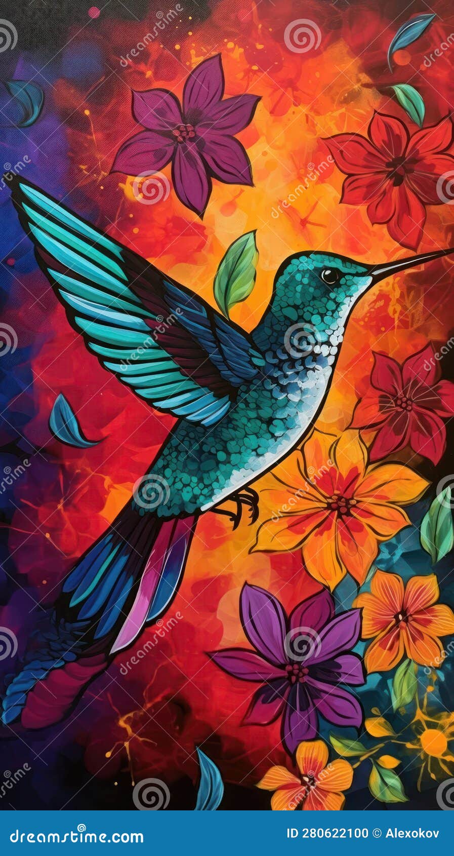 Playful and Vibrant Hummingbird and Flower Artwork . Stock Illustration ...