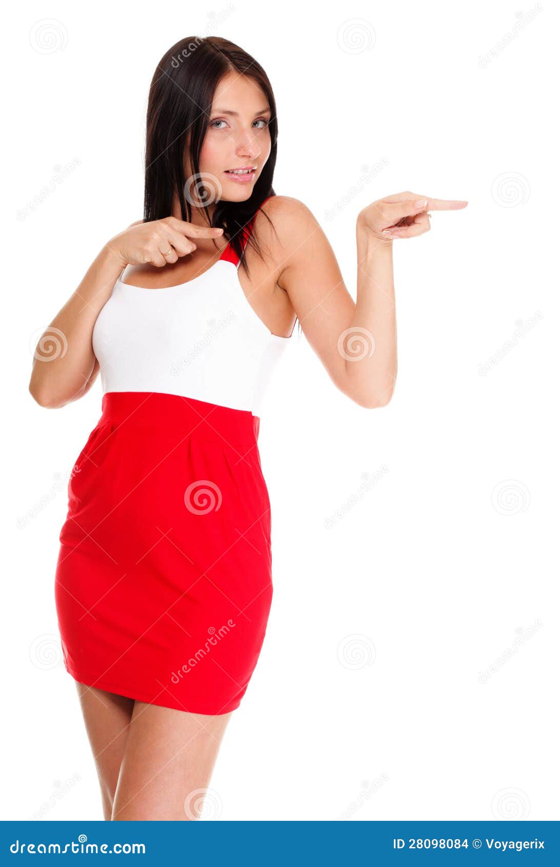 Playful Young Woman Pointing Sideways Both Hands Stock Photo - Image of ...