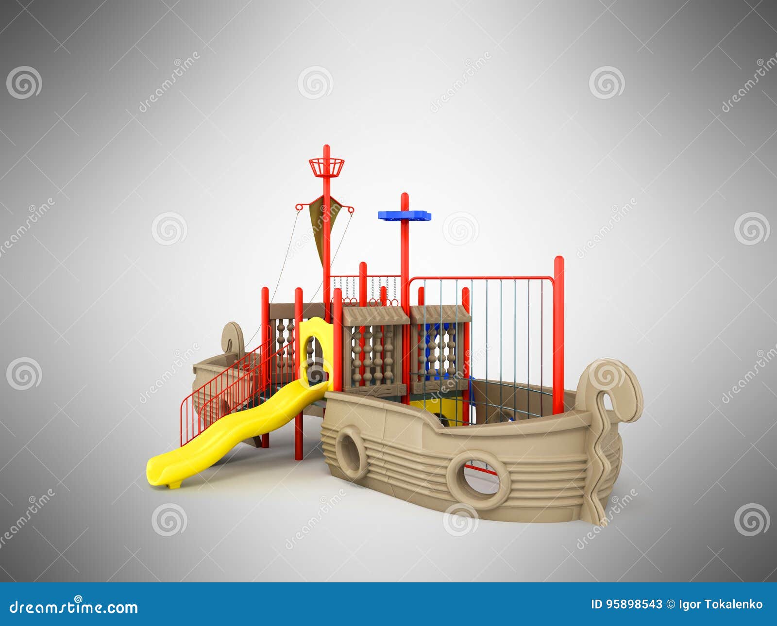Playground for Children Ship Red Yellow Blue 3d Rendering on Gray ...